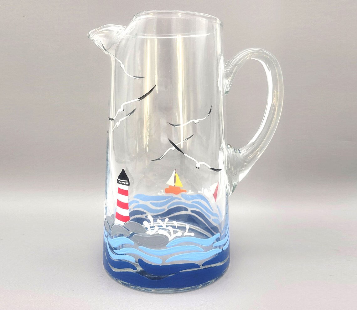 Sailboat Themed Glass Pitcher Hand Painted Water - Etsy