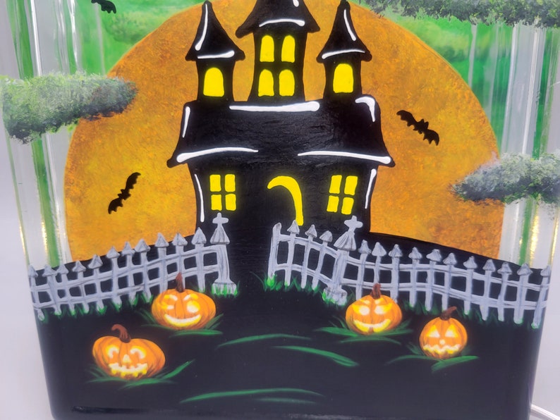 Haunted House Scene Lighted Glass Block - Halloween, Moon, Jack O ...