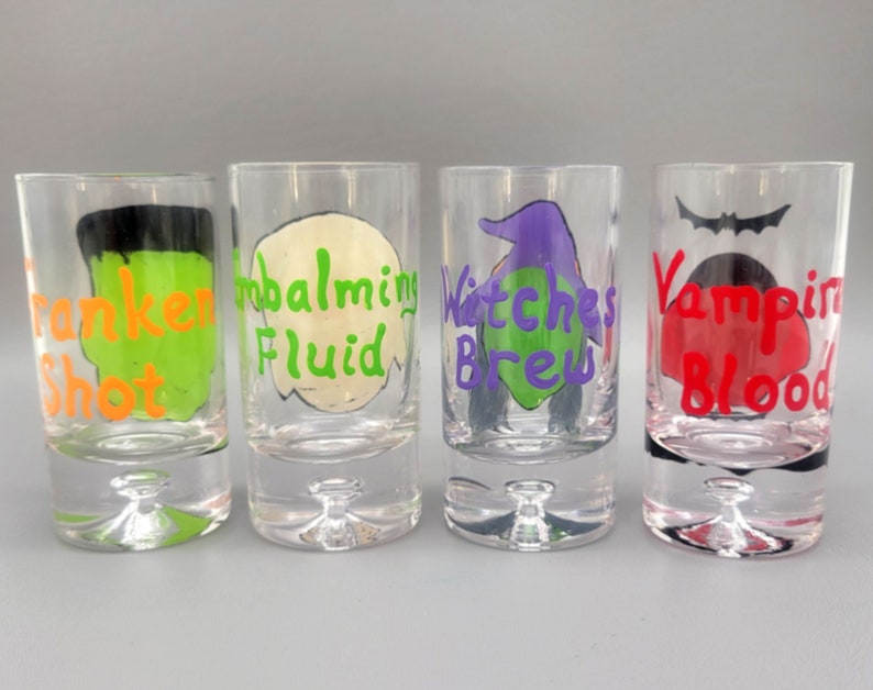 Set of 4 Large Halloween Shot Glasses - Frankenstein, Vampire, Witch ...