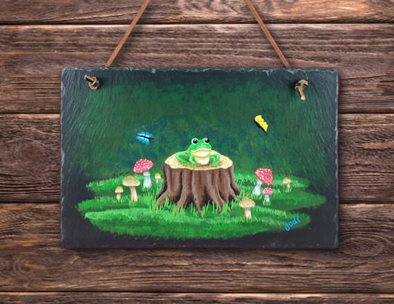 Frog & Mushrooms Forest Scene - Hand Painted Slate - Hanging Picture ...