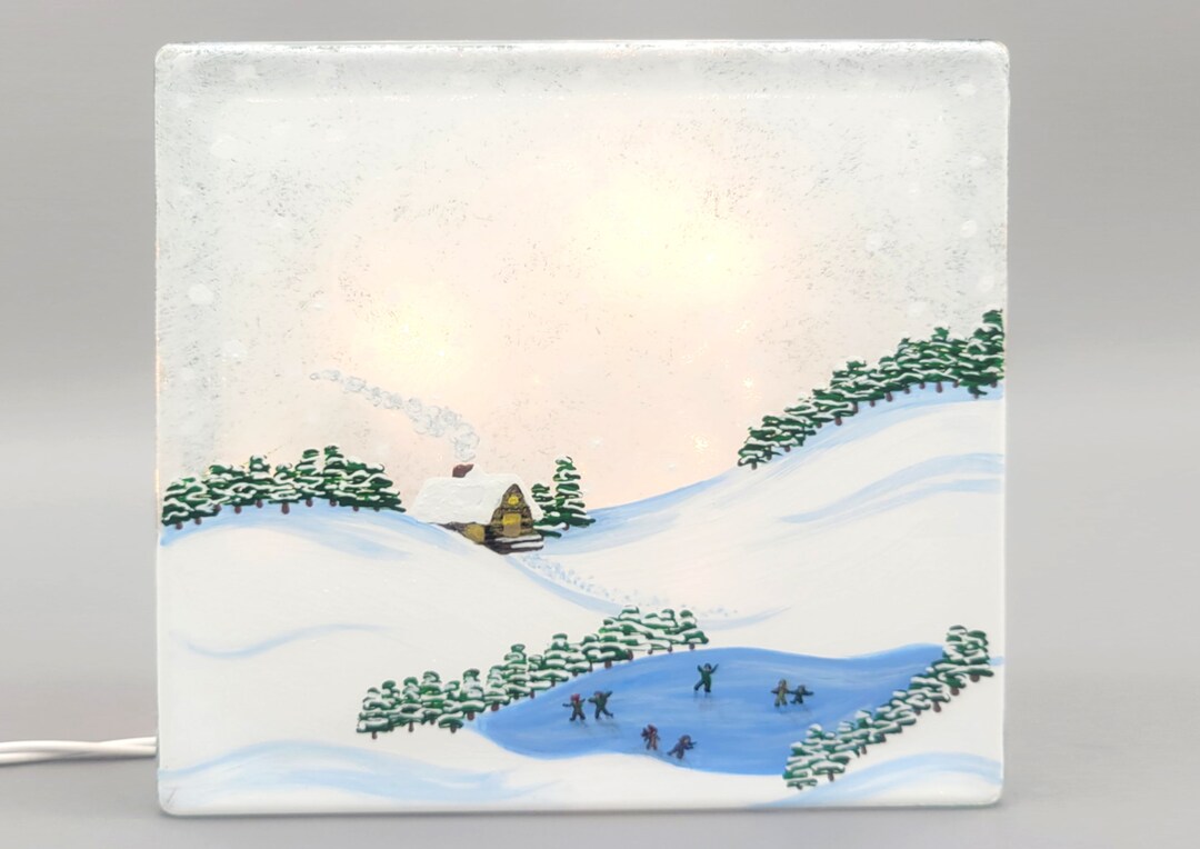 Winter Snow Scene Lighted Glass Block - Pine Trees, Cabin, Lake, Ice ...