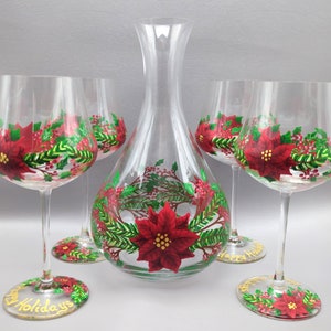 Christmas Poinsettia Wine Set - 4 Wine Glasses & Carafe - Festive ...