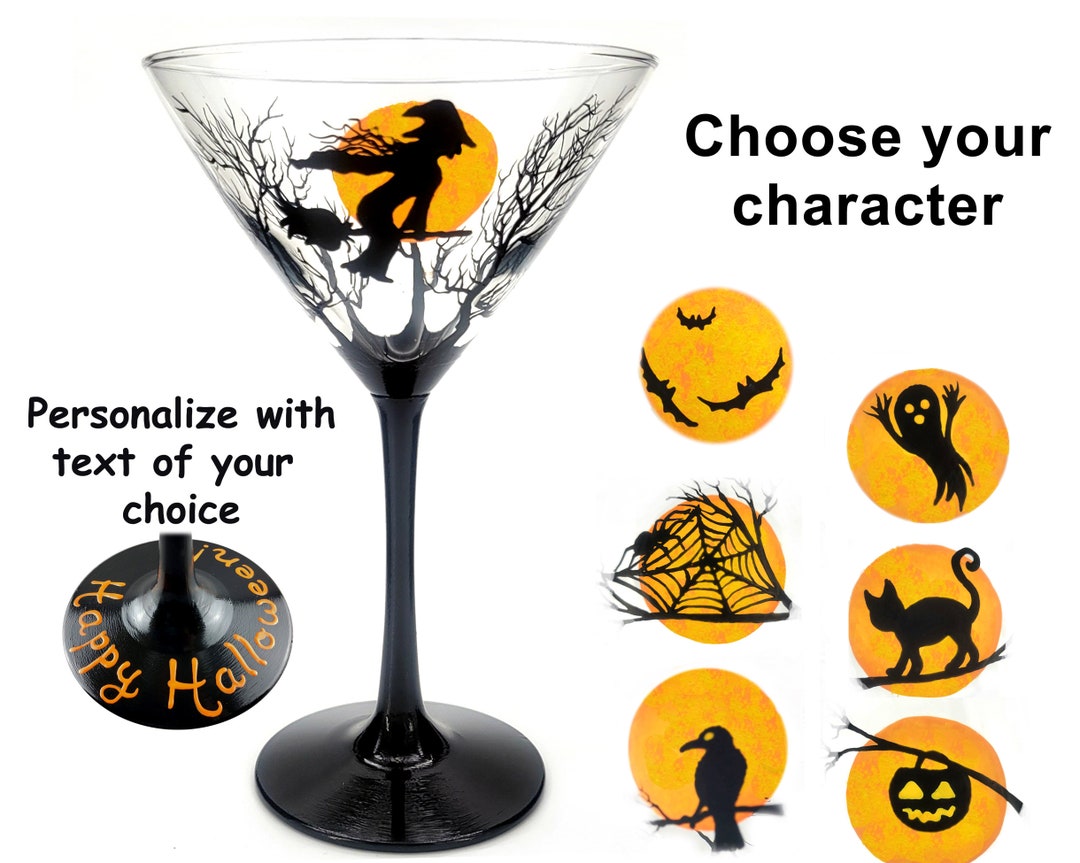 Halloween Martini Glass - Witch, Bats, Raven, Crow - Hand Painted ...