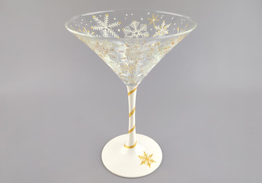 Snowflake Martini Glass - Hand Painted - Ivory & Gold Snow Flakes ...