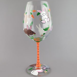 Bunny Themed Wine Glass - Hand Painted - Rabbits Having Fun & Their ...