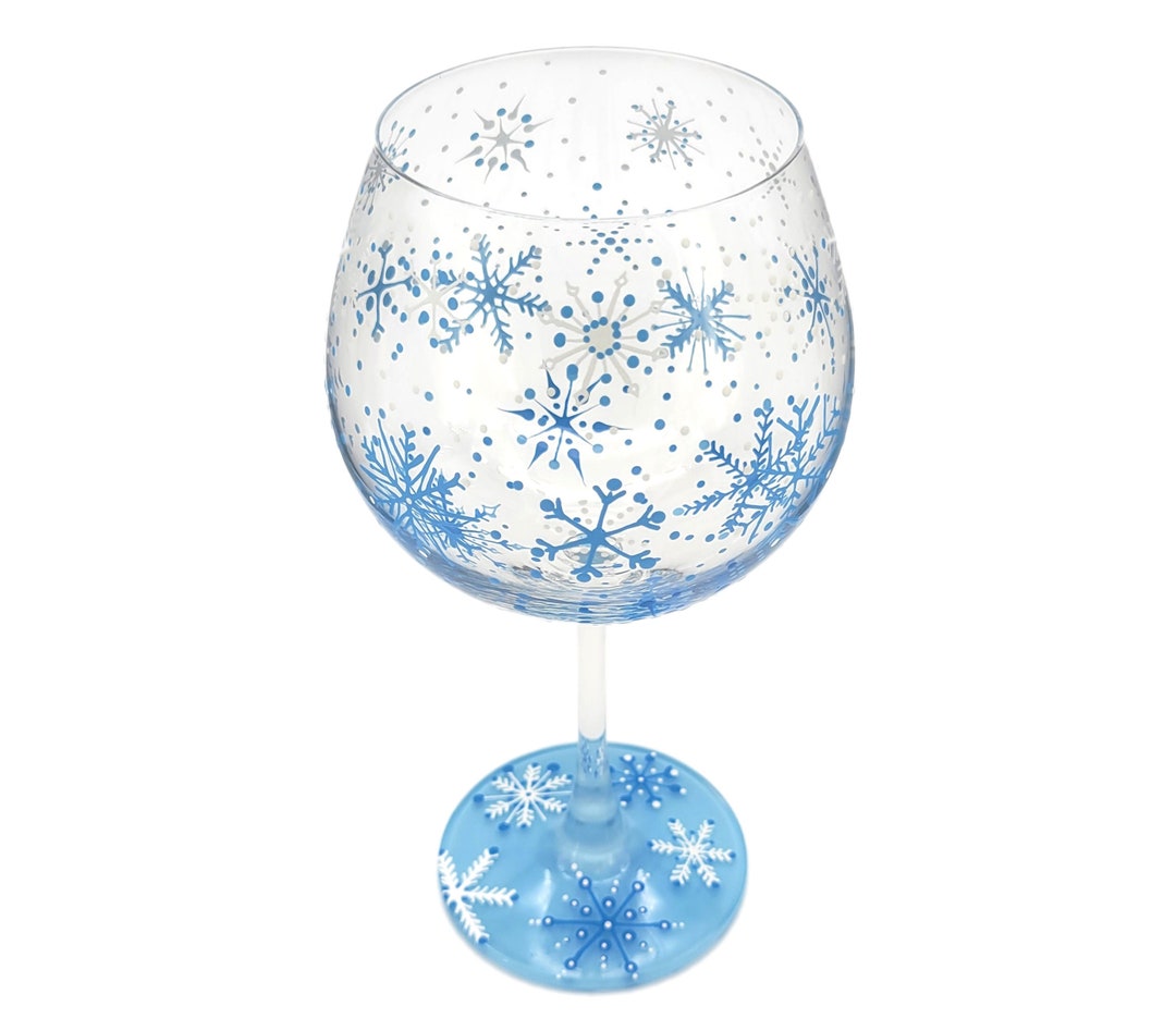 Snowflake Hand Painted Wine Glass - Blue & White Snow Flakes - Stemmed ...