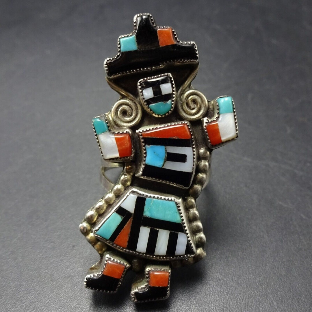 ZUNI Gillerimo Natachu RAINBOW Man Ring Size TURQUOISE Coral Jet Inlay ...