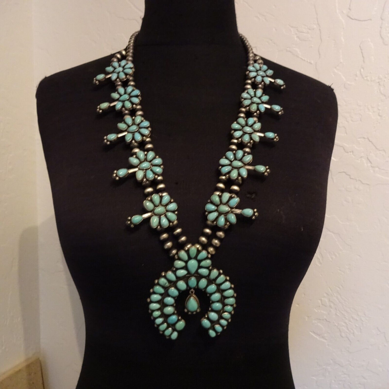 B. YELLOWHORSE Navajo TURQUOISE Cluster Sterling Silver Squash Blossom ...