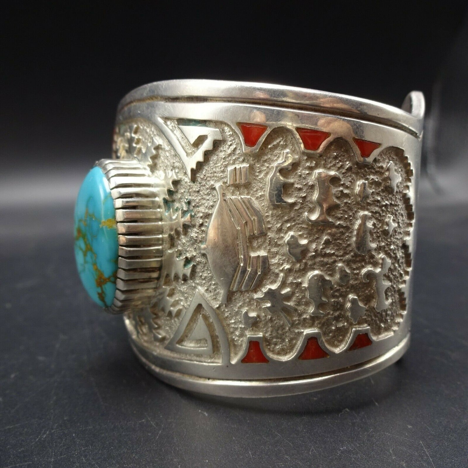 Michael Perry NAVAJO Sterling Silver TURQUOISE CORAL Petroglyph Cuff ...