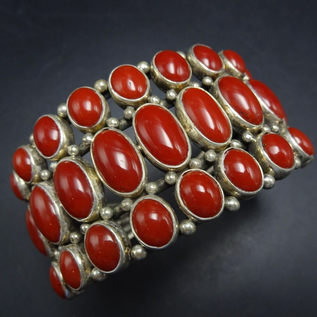 Rare PERRY SHORTY Navajo Red MEDITERRANEAN Coral Sterling Silver Cuff ...