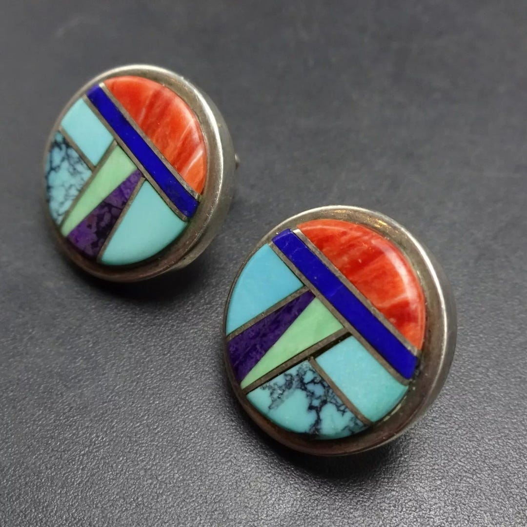 Navajo CALVIN BEGAY Multi Stone INLAY Sterling Silver Earrings 1/2 ...