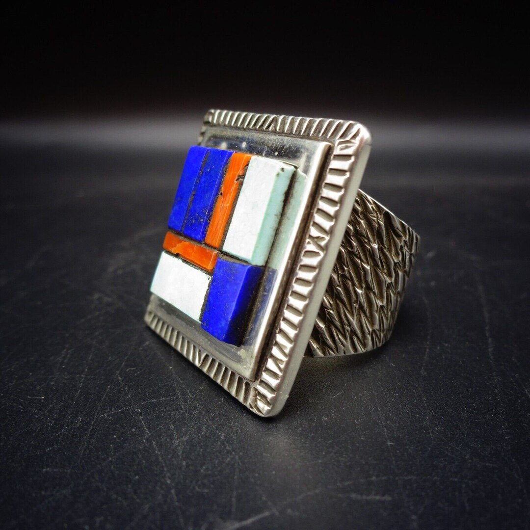 Huge Vintage TOMMY JACKSON Navajo TURQUOISE Lapis Coral Inlay Ring Size ...