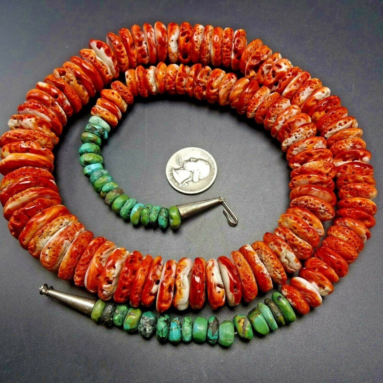 Vintage Orange SPINY OYSTER Shell TURQUOISE Necklace Sterling | Etsy