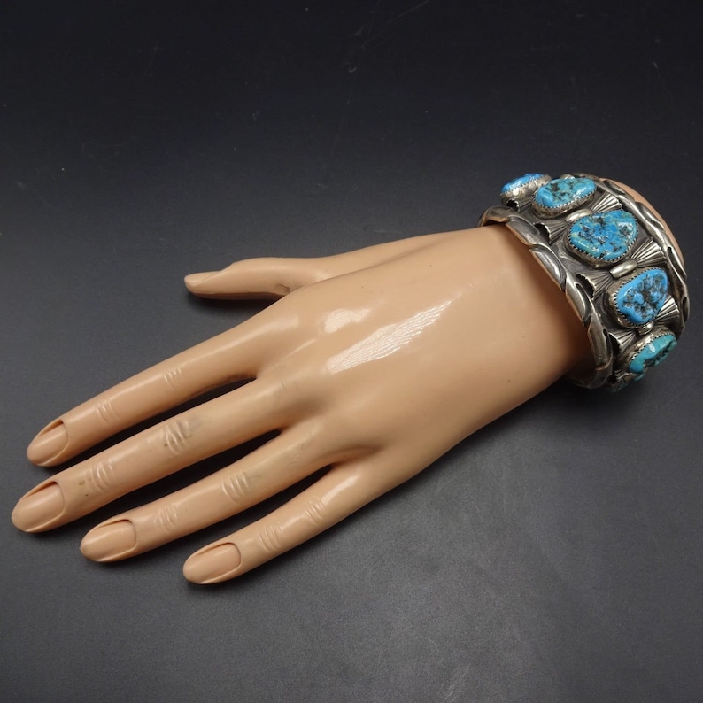 Heavy Vintage Chisel Stamped Sterling Silver TURQUOISE Cuff - Etsy