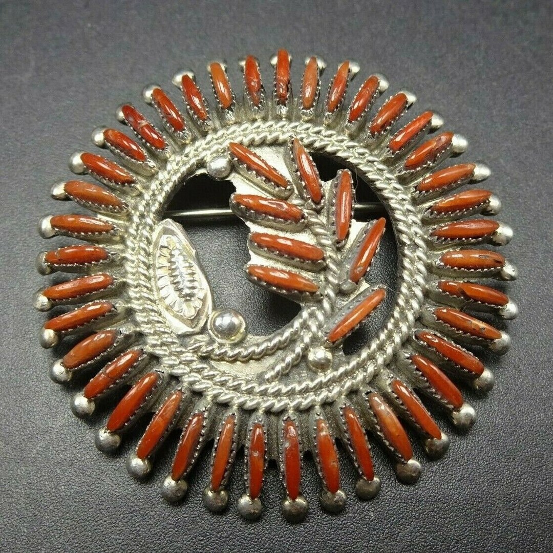 Signed Vintage ZUNI Sterling Silver and Fine CORAL Needlepoint Pin ...