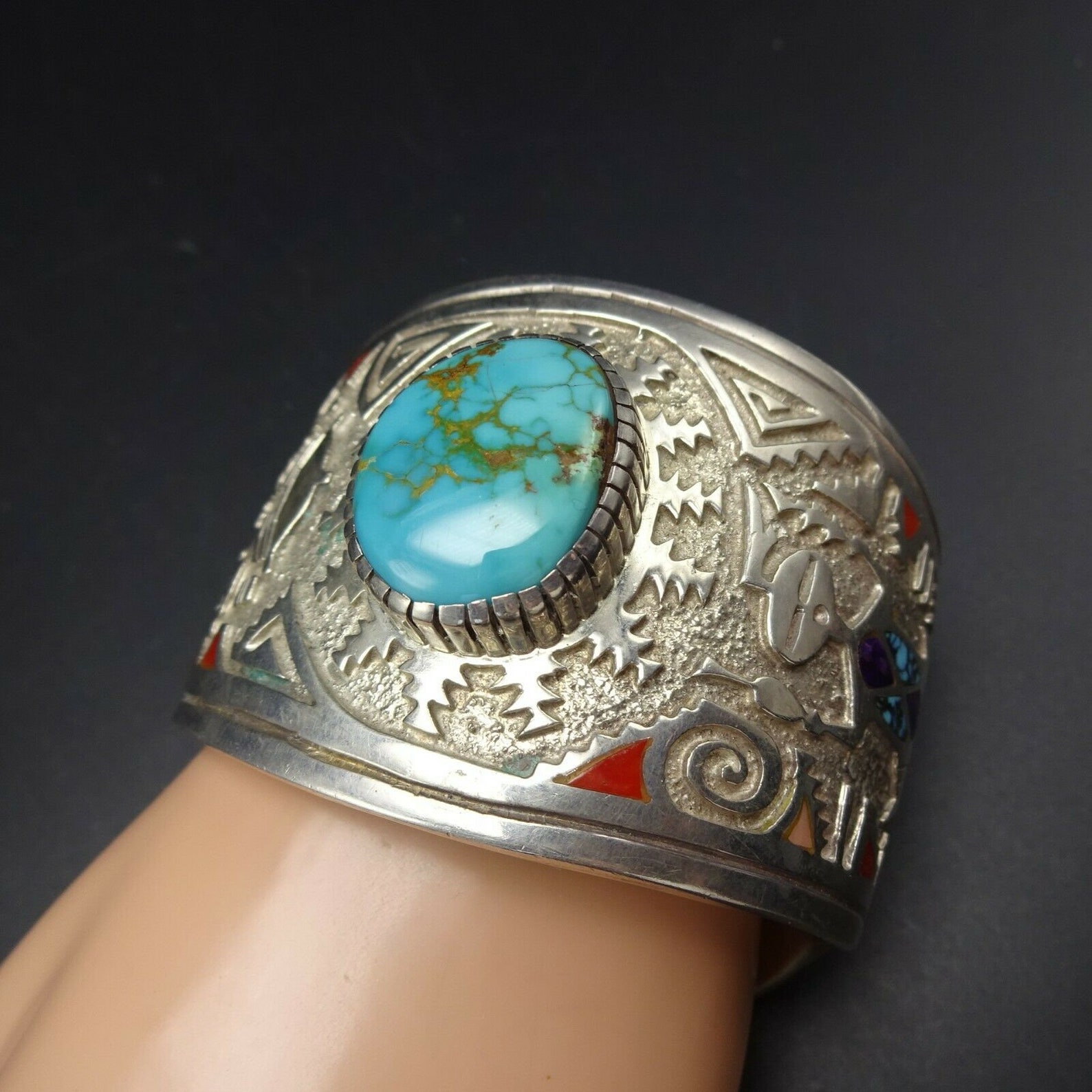 Michael Perry NAVAJO Sterling Silver TURQUOISE CORAL Petroglyph Cuff ...