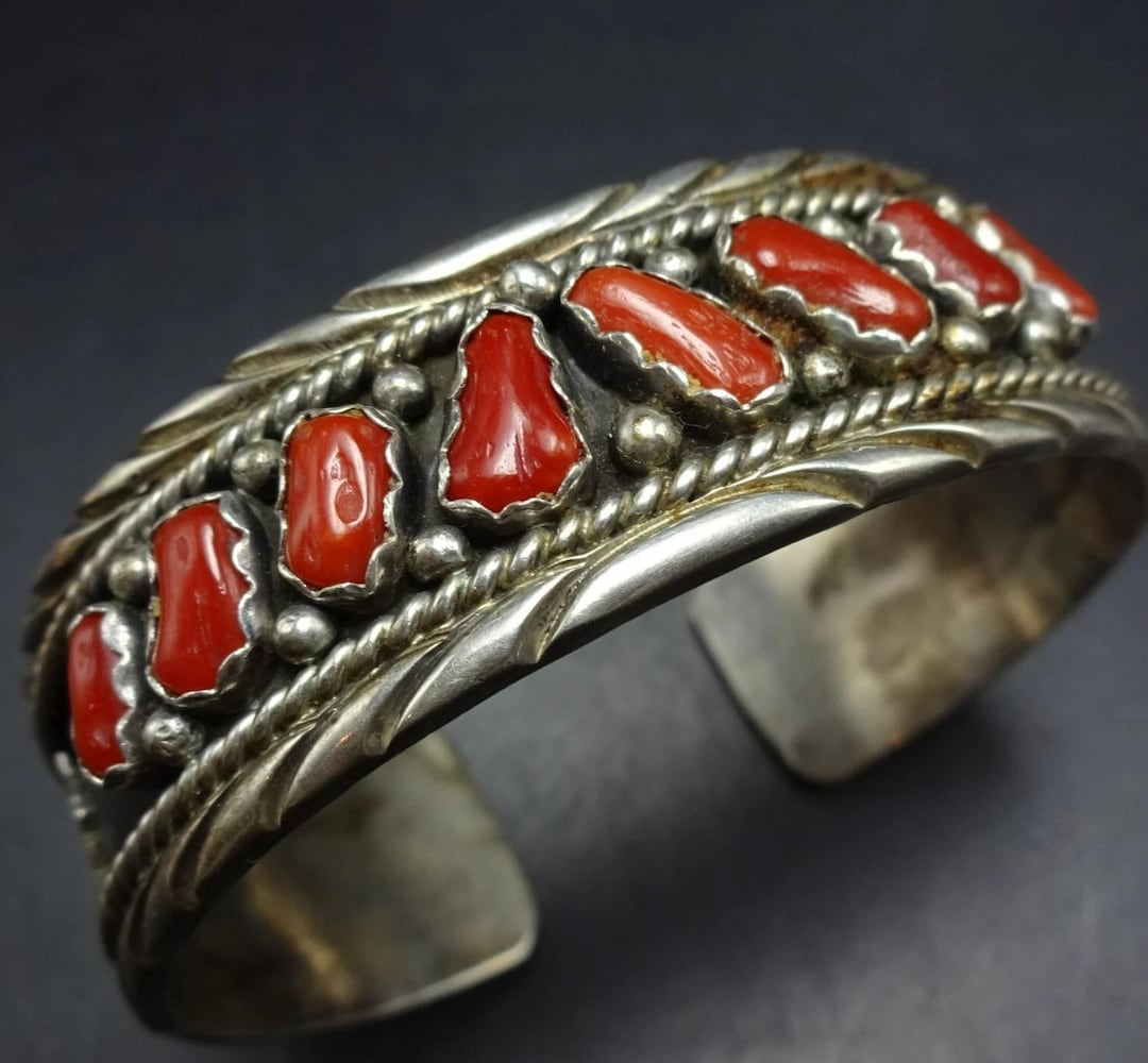 Roy BEGAY Navajo VINTAGE Sterling Silver Red MEDITERRANEAN Coral Cuff ...