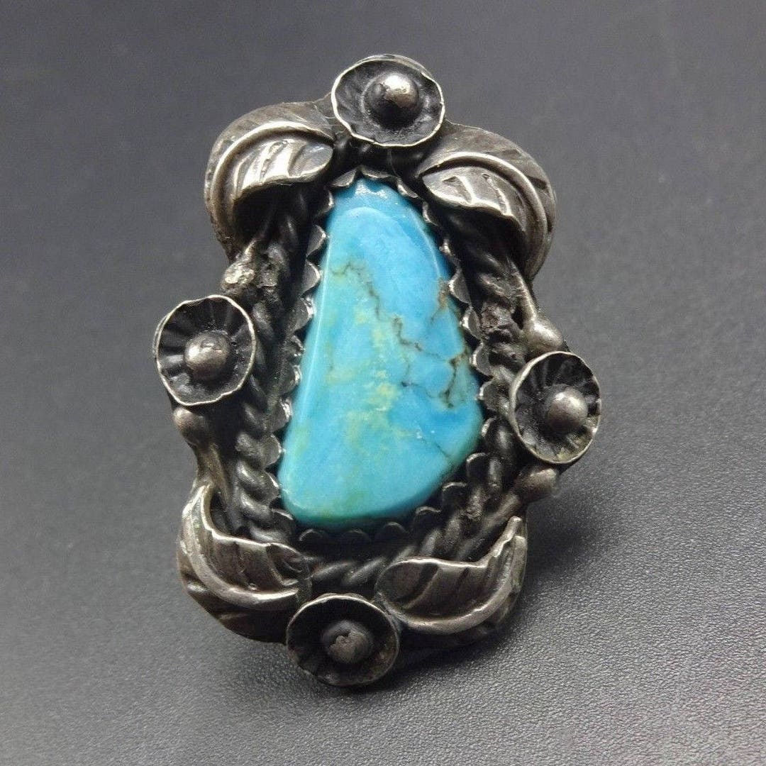 Vintage TAXCO Sterling Silver & TURQUOISE RING Applied Leaves, Size 6 ...