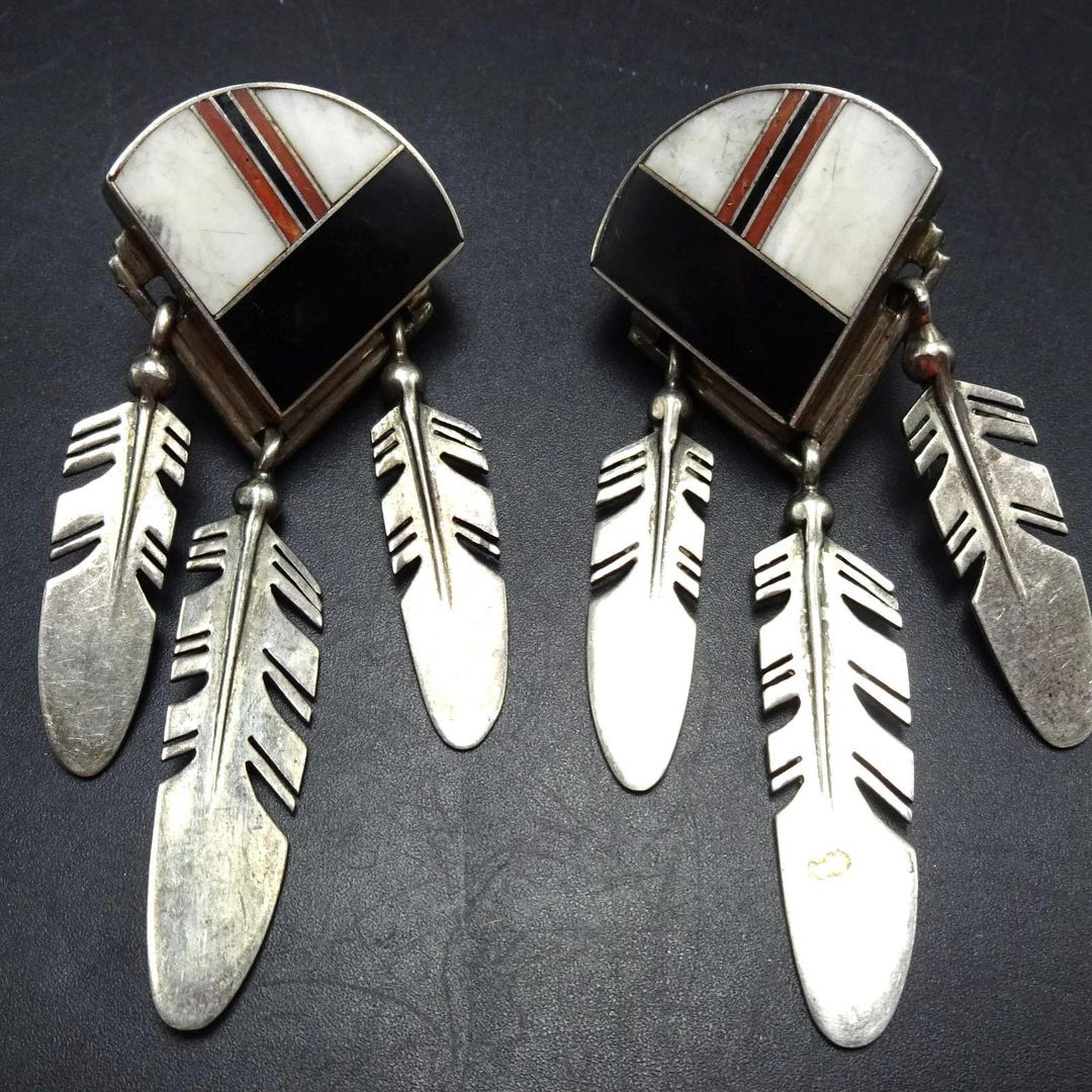 RAY TRACEY Knifewing SEGURA Channel Inlay Earrings With Feather Dangles ...
