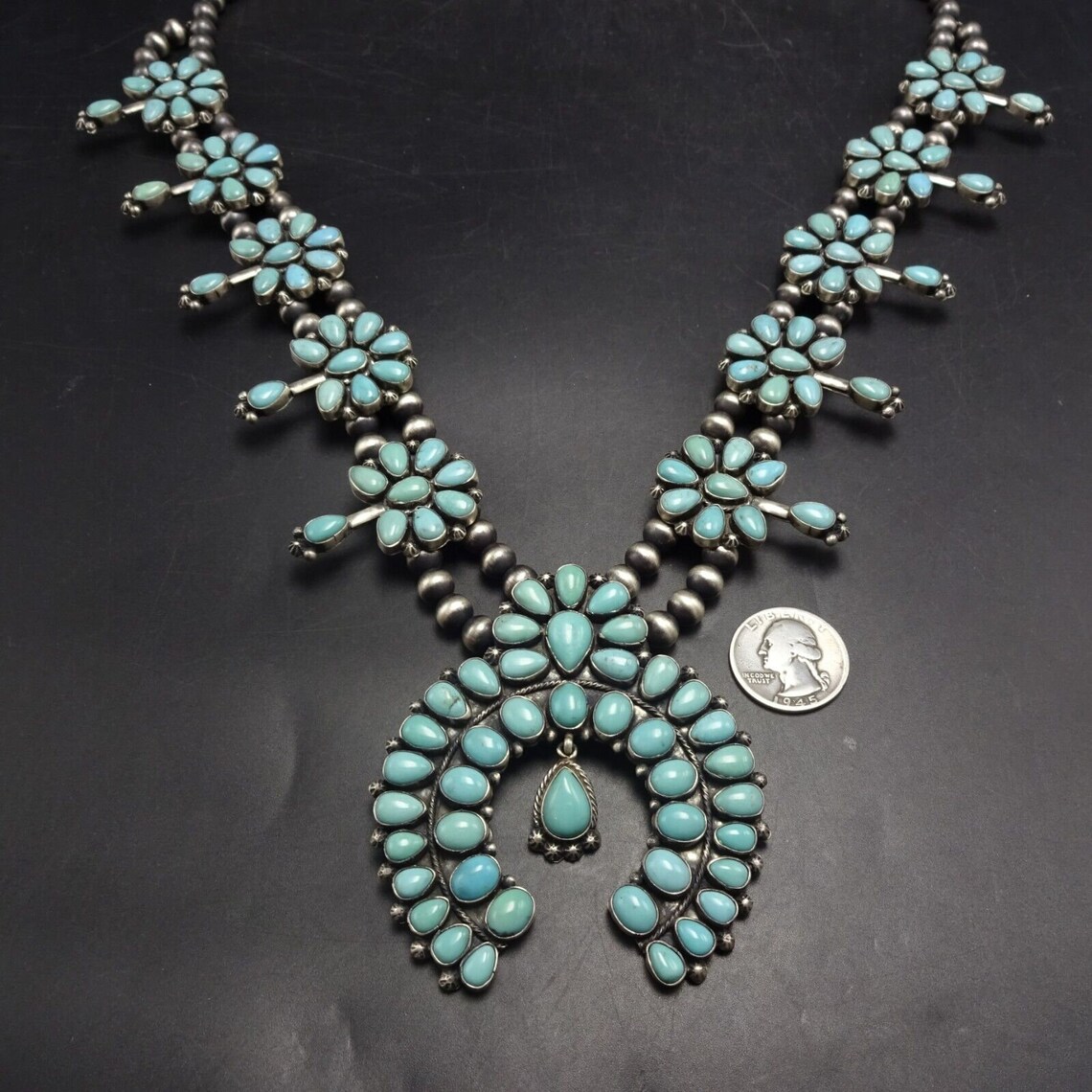 B. YELLOWHORSE Navajo TURQUOISE Cluster Sterling Silver Squash Blossom ...