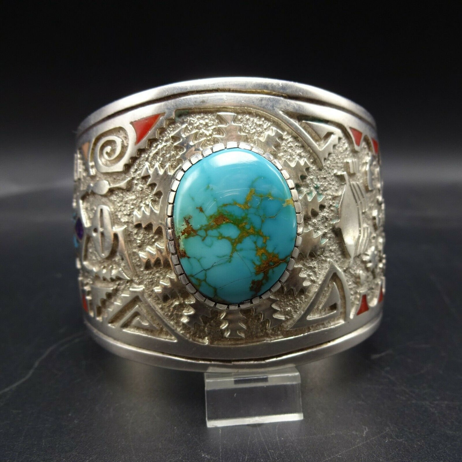 Michael Perry NAVAJO Sterling Silver TURQUOISE CORAL Petroglyph Cuff ...