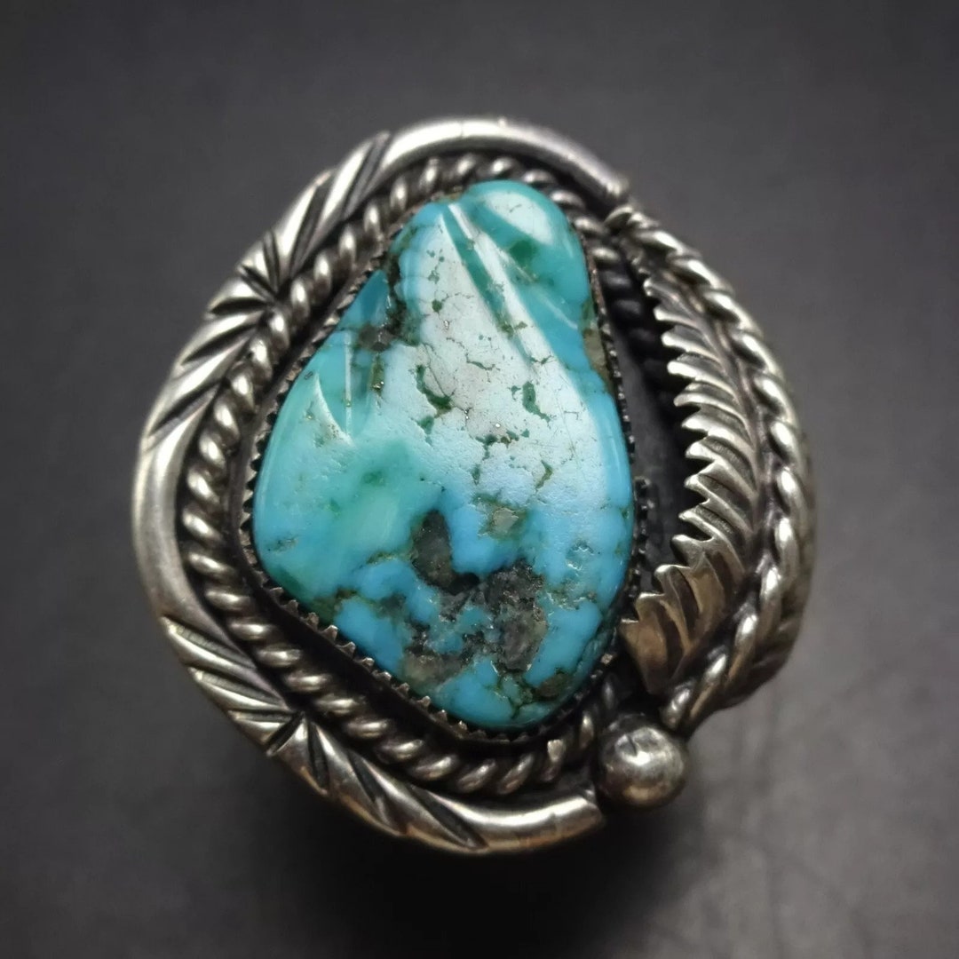 Old Pawn KINGMAN TURQUOISE With QUARTZ Sterling Silver Ring Size 10.75 ...