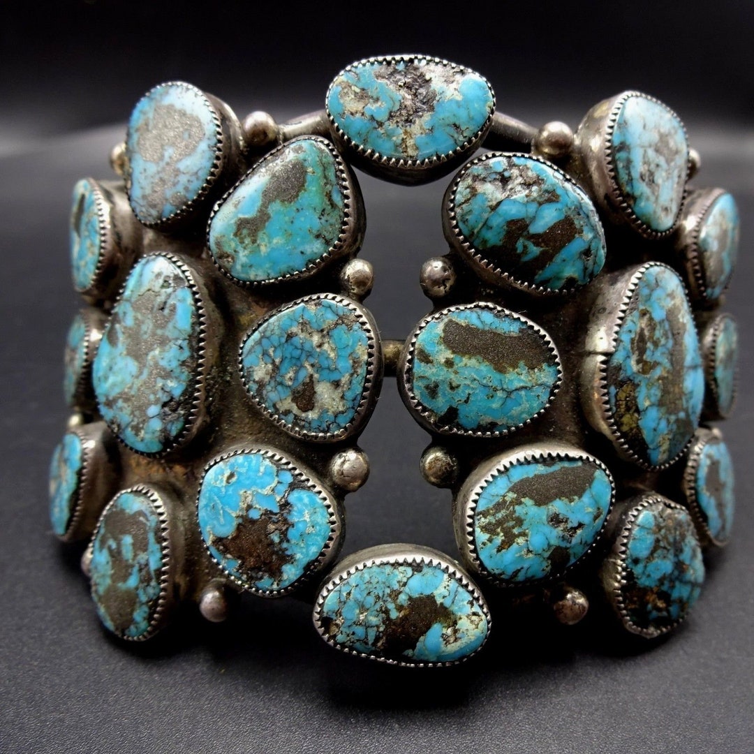 Vintage Sterling Silver BLUE DIAMOND TURQUOISE Cluster Cuff Bracelet ...