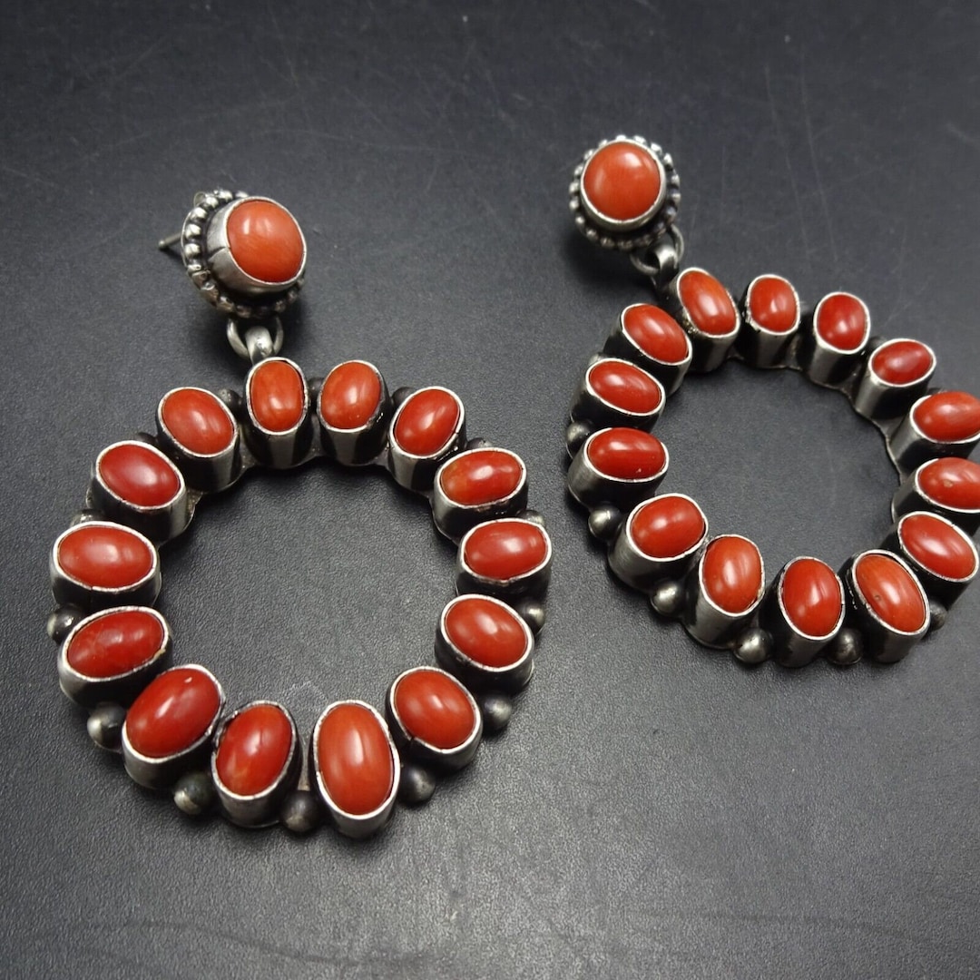 TIMOTHY YAZZIE Navajo Red MEDITERRANEAN Coral Sterling Silver Earrings ...