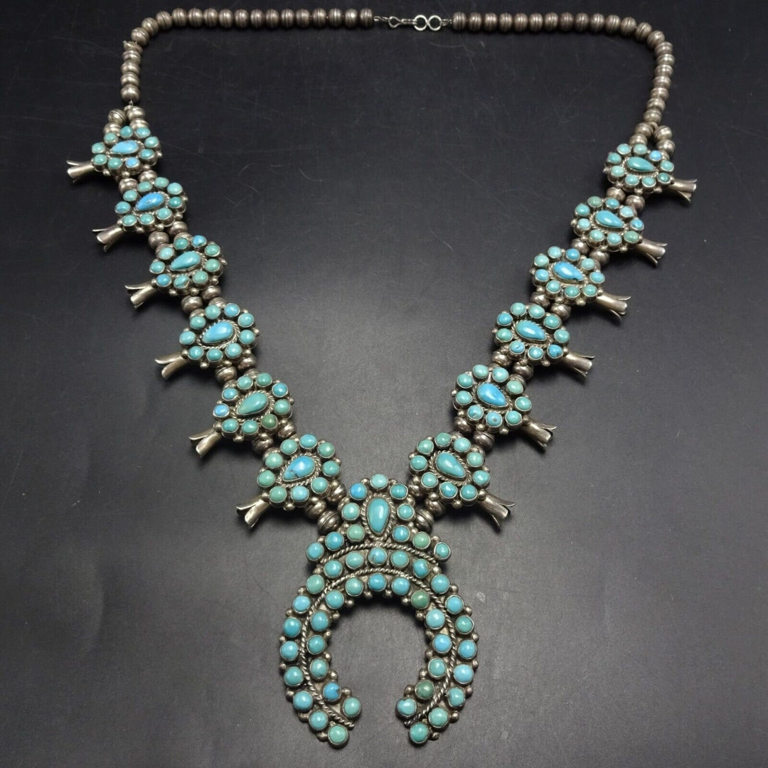 Vintage ABRAHAM BEGAY Navajo TURQUOISE Cluster Squash Blossom Necklace ...