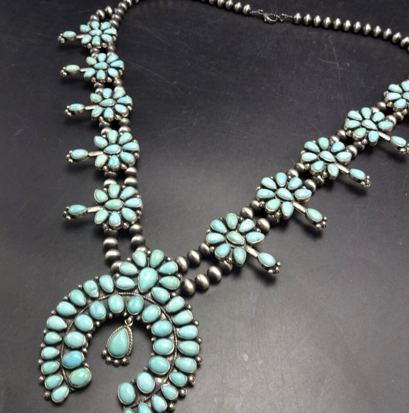 B. YELLOWHORSE Navajo TURQUOISE Cluster Sterling Silver Squash Blossom ...
