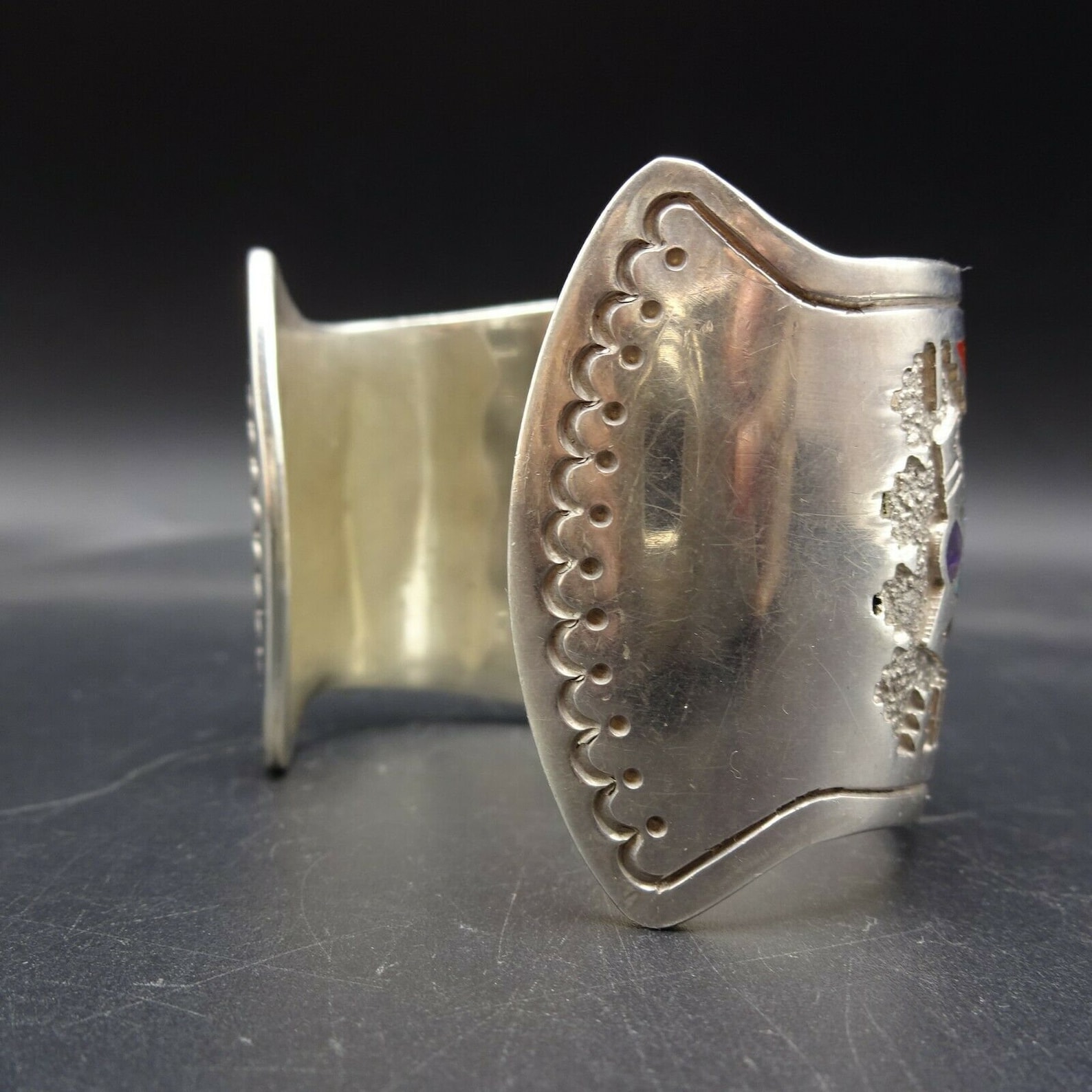 Michael Perry NAVAJO Sterling Silver TURQUOISE CORAL Petroglyph Cuff ...