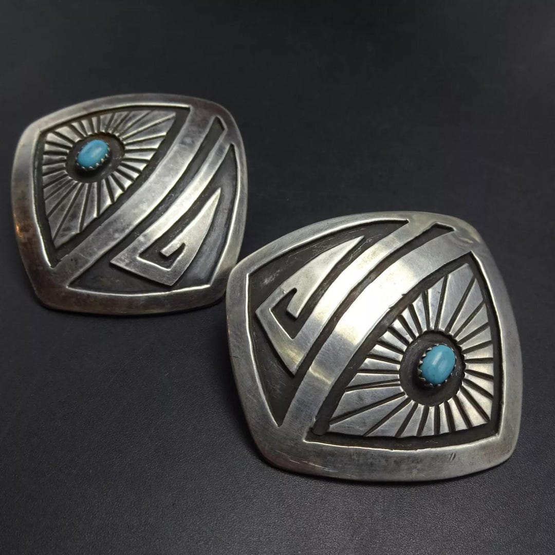 ROSCO SCOTT Navajo Vintage Sterling Silver Overlay Concho TURQUOISE ...