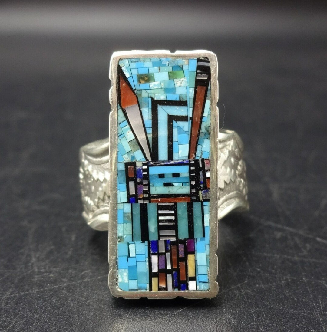 RARE Carl and Irene Clark NAVAJO Micro-fine Stone Inlay Yei Ring Size 7 ...