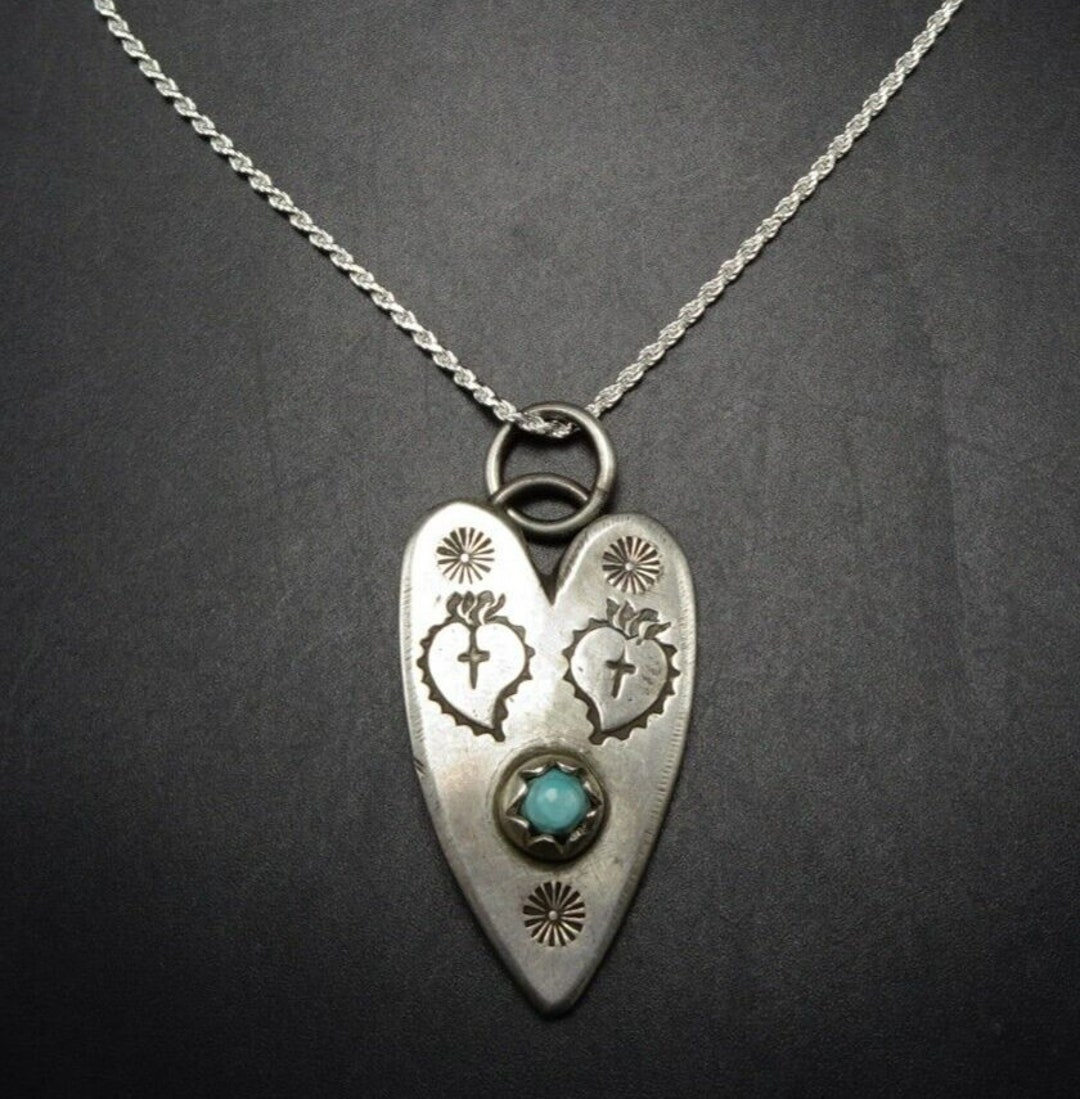 FALCON TRADING COMPANY 925 Ingot Silver Turquoise Heart Token Pendant ...