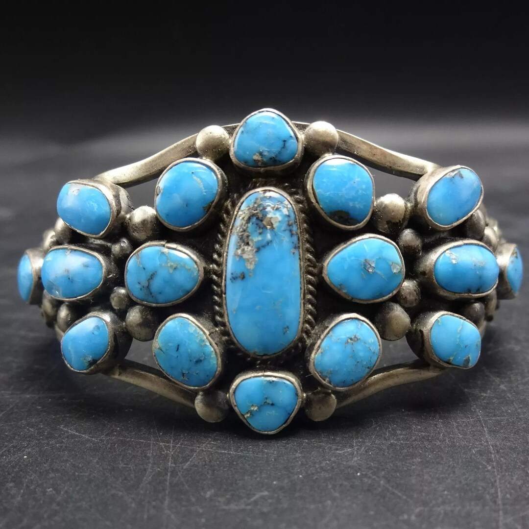 VERDY JAKE Vintage Navajo Sterlingsilver Morenci TURQUOISE Cluster Cuff ...