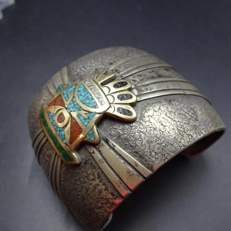 THOMAS TOMMY SINGER Navajo Vintage Sterling Silver Chip Inlay Cuff ...