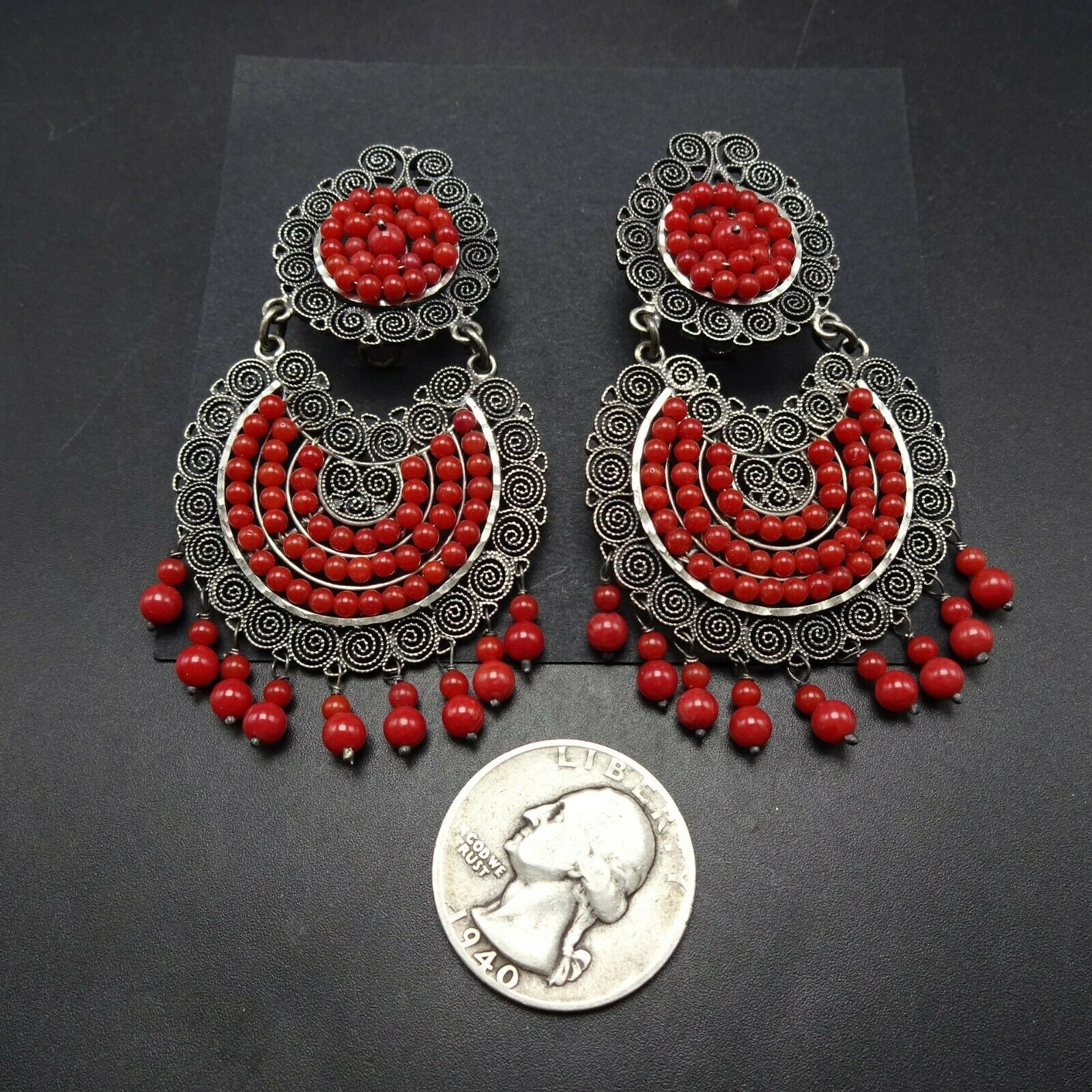 Big Spanish Style FEDERICO JIMENEZ Sterling Silver Filigree CORAL Beads ...