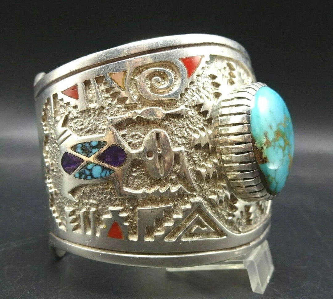 Michael Perry NAVAJO Sterling Silver TURQUOISE CORAL Petroglyph Cuff ...