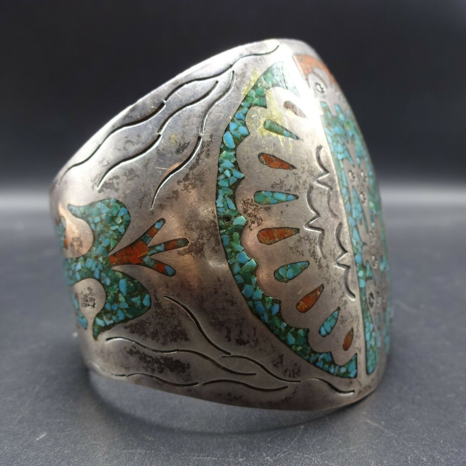 Signed Vintage NAVAJO Sterling TURQUOISE & CORAL Chip Inlay | Etsy