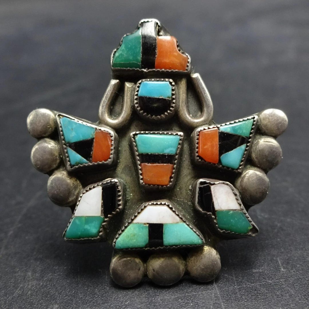 Vintage ZUNI Knifewing Inlay RING Size 6.5 Turquoise Coral Jet MOP ...