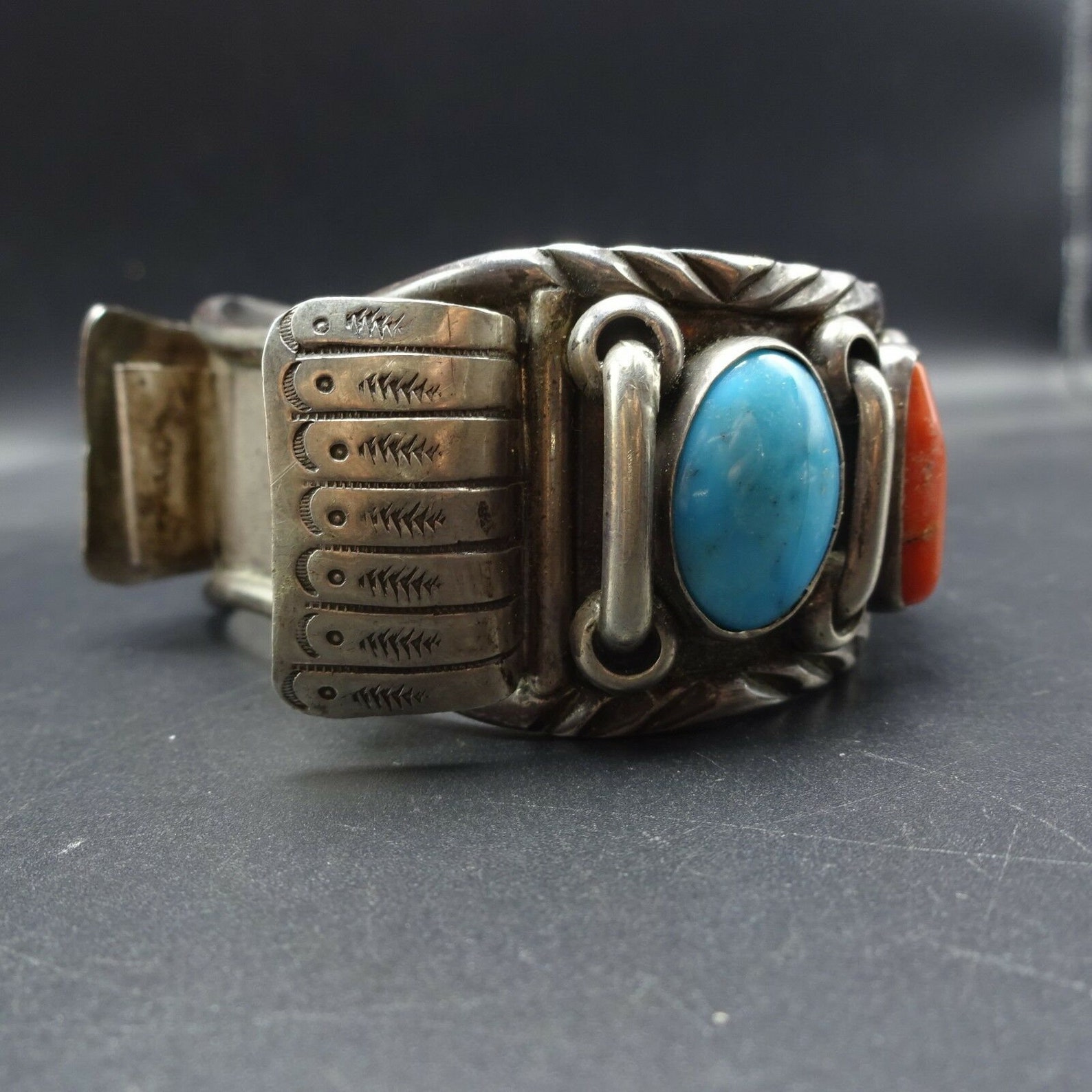 Signed Vintage ZUNI Turquoise Coral WATCH BAND Cuff by Paquin Arts ...