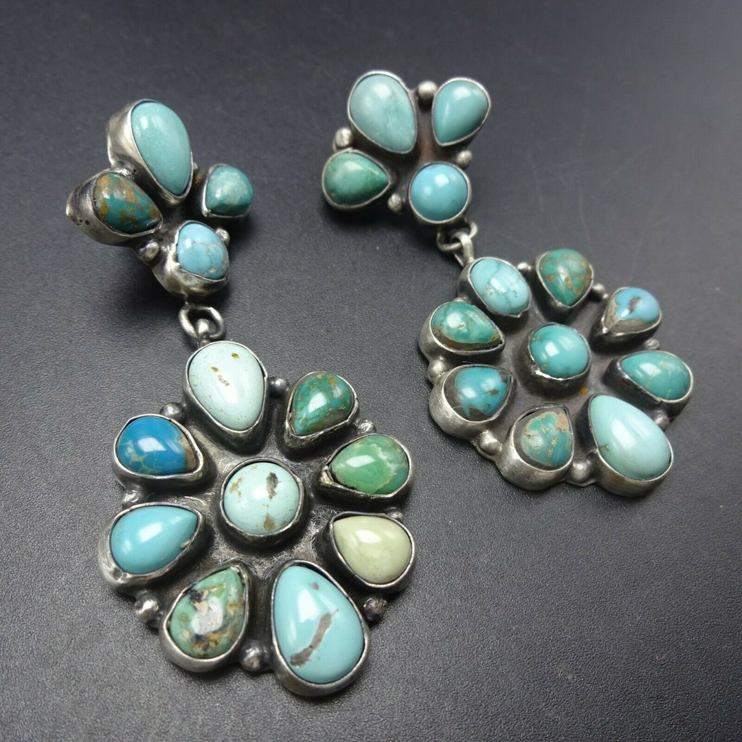 Ella Peter NAVAJO Sterling Silver TURQUOISE SAMPLER Cluster Dangle ...