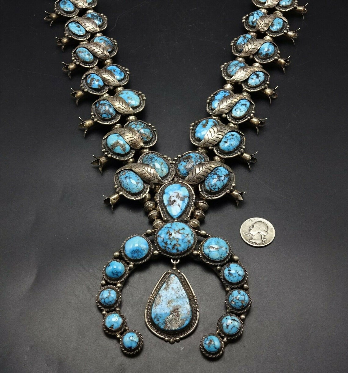 Huge RARE Leo Arviso Navajo High Blue TURQUOISE Squash Blossom NECKLACE ...