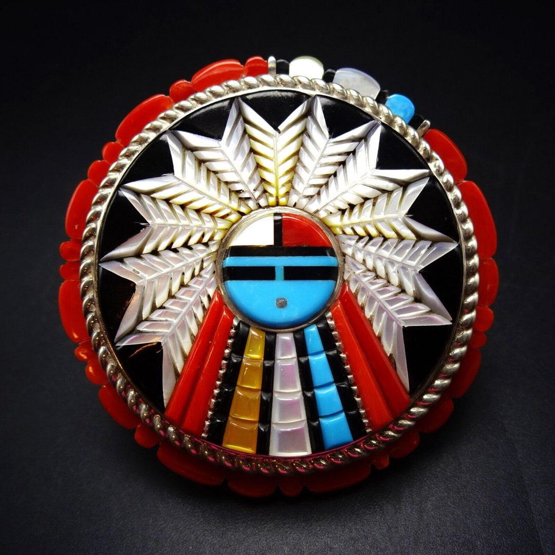 Wilbert Manning Navajo Mosaic Inlay CORAL MOP TURQUOISE Sun Face Inlay ...