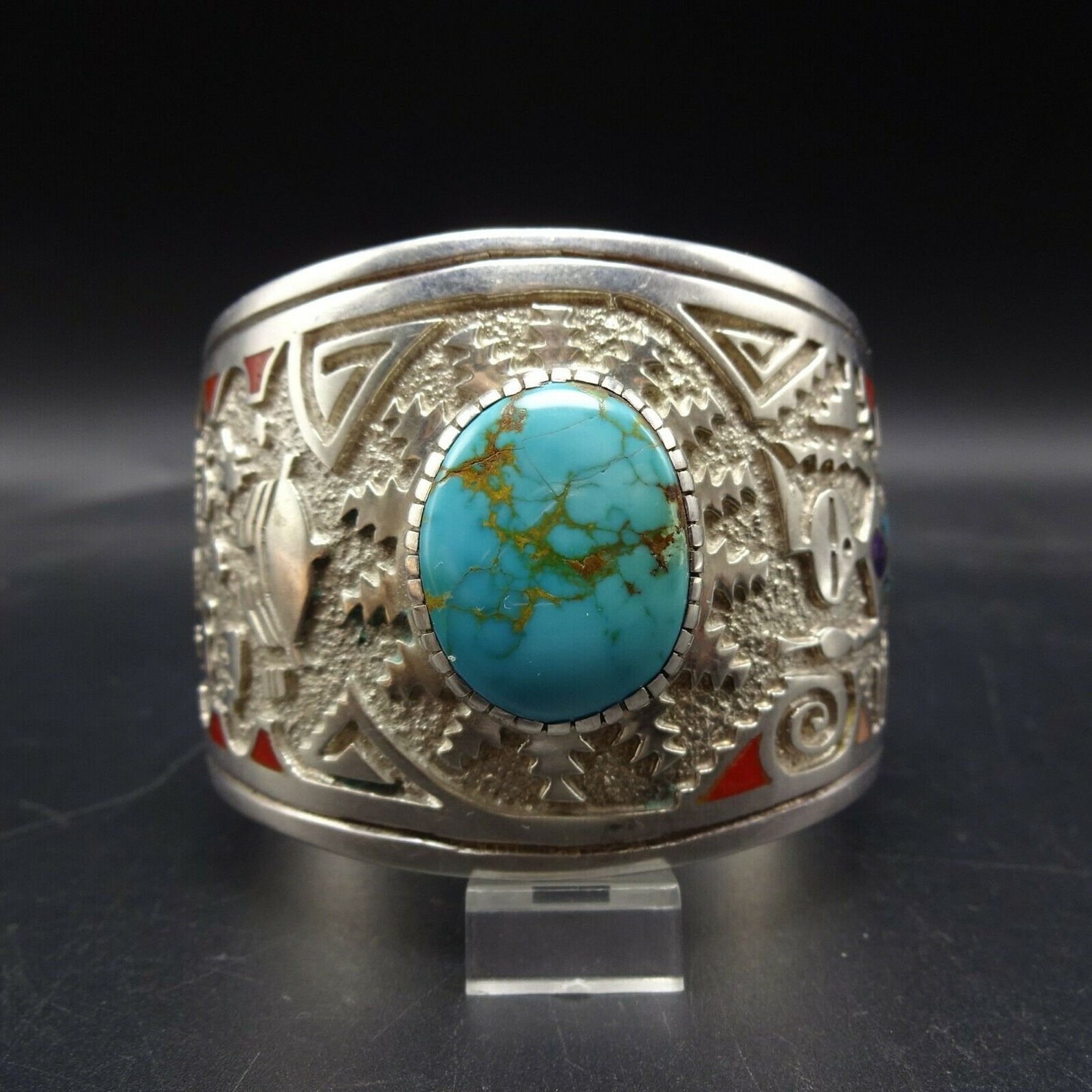 Michael Perry NAVAJO Sterling Silver TURQUOISE CORAL Petroglyph Cuff ...
