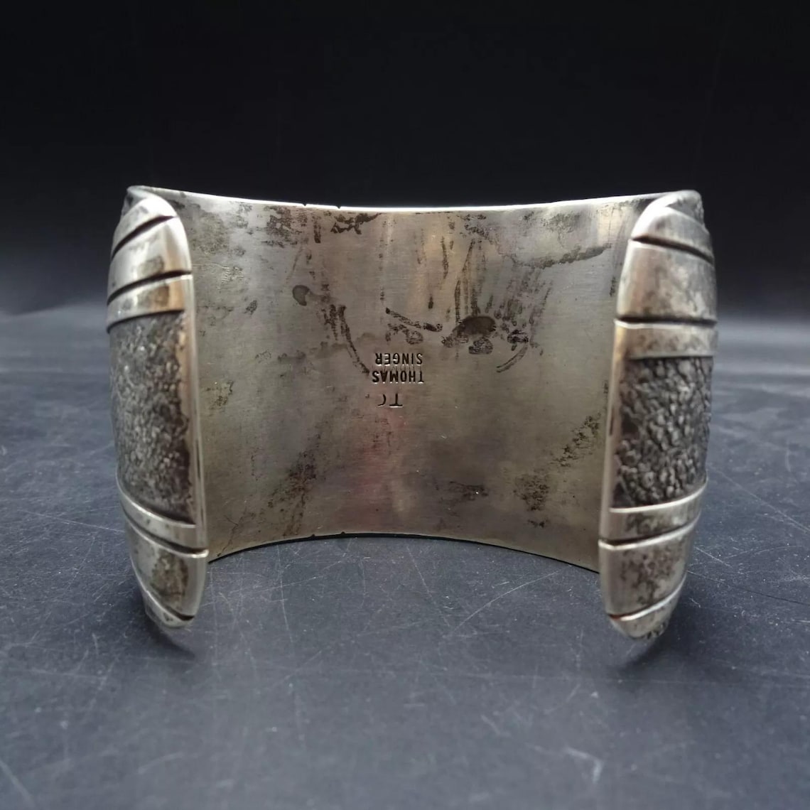 THOMAS TOMMY SINGER Navajo Vintage Sterling Silver Chip Inlay Cuff ...