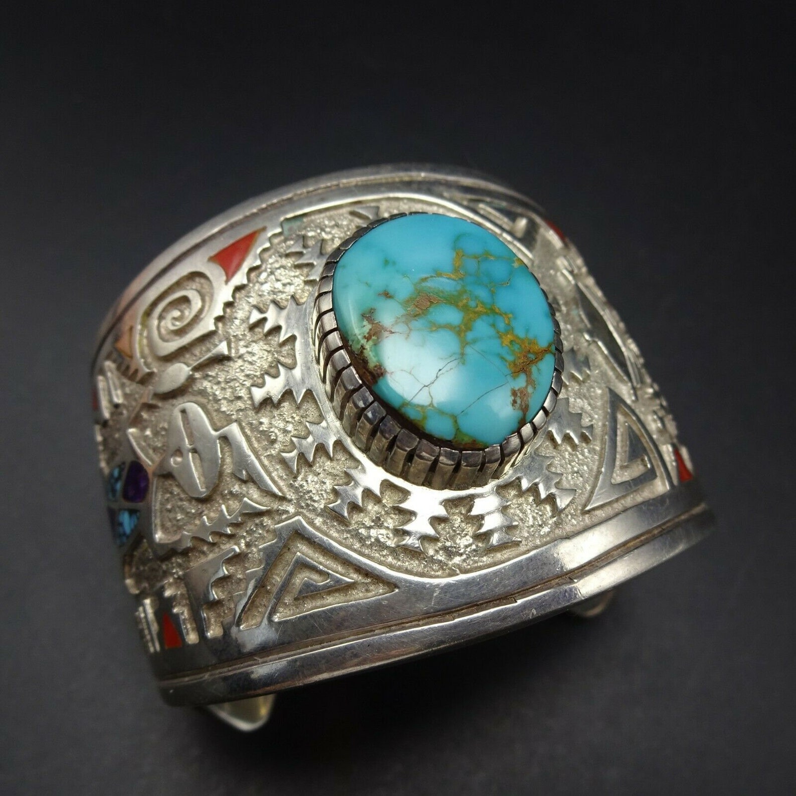 Michael Perry NAVAJO Sterling Silver TURQUOISE CORAL Petroglyph Cuff ...