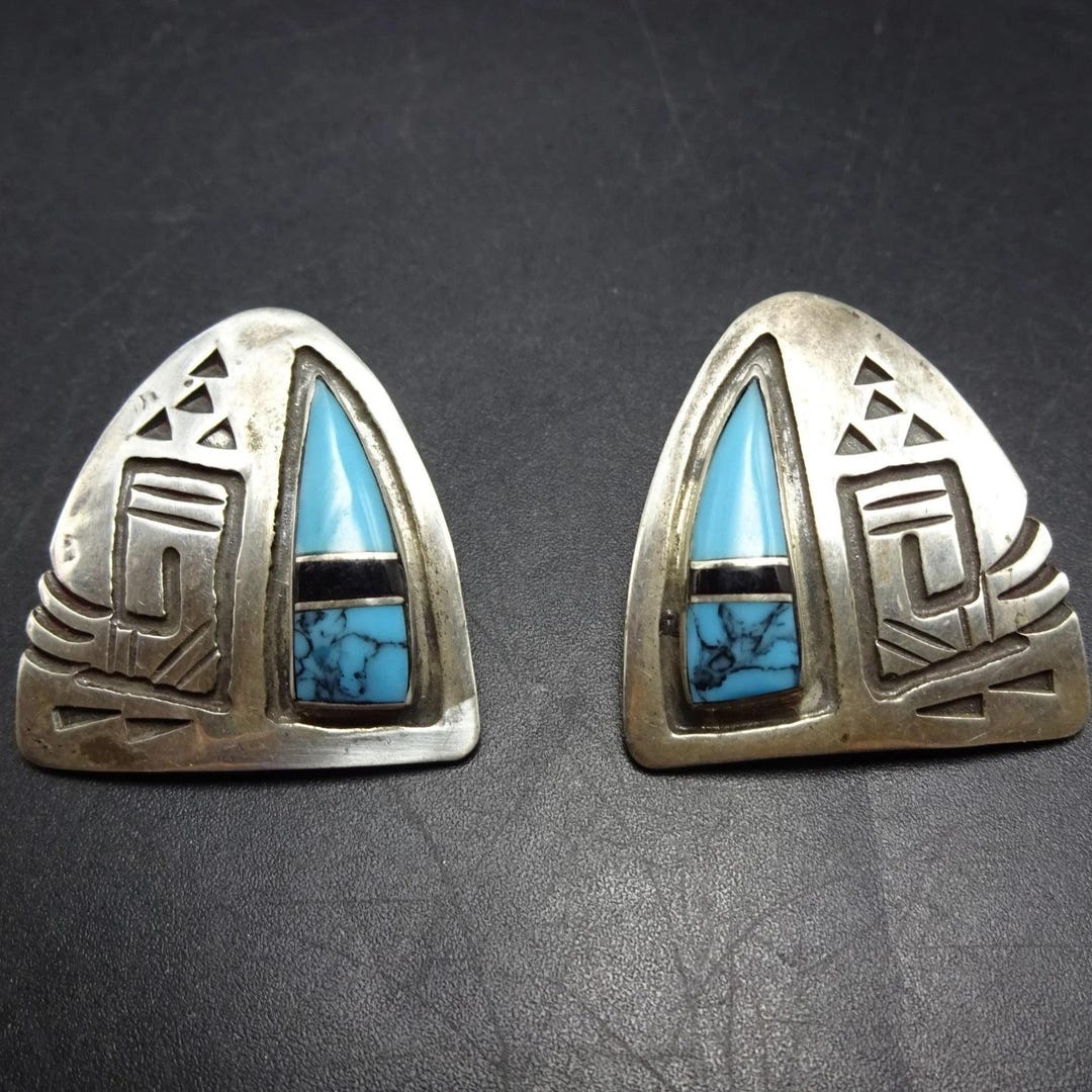 Vintage TURQUOISE INLAY Sterling Silver Overlay EARRINGS Pierced - Etsy