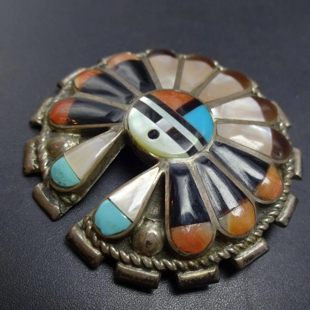 Vintage ZUNI Sterlingsilver SUN FACE Inlay Pin/brooch Pendant Turq ...