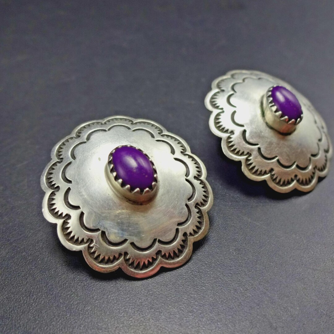 VINTAGE 1980s Sterling Silver Concho EARRINGS With Purple SUGILITE ...